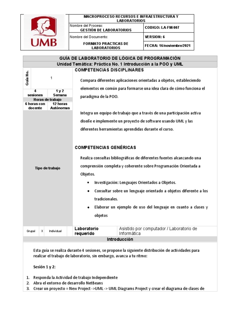LA-FM-007 POO Laboratorio No. 01 - 2022 - 1 | PDF | Objeto (informática) | Lenguaje de modelado ...