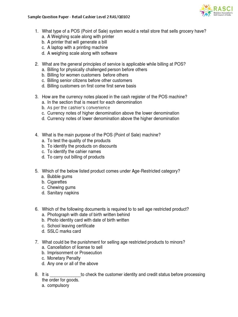 Rasc I Retail Cashier Question Bank | PDF | Point Of Sale | Business Process