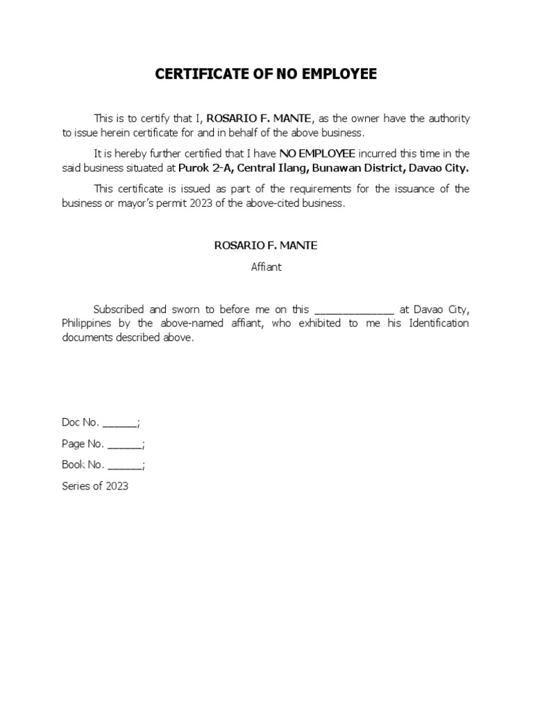 Certificate of No Employee | PDF