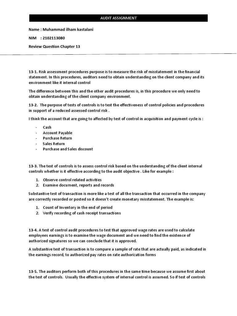 Audit Assignment Chapter 13 | PDF | Audit | Internal Control Audit Assignment Chapter 13 | PDF | Audit | Internal Control