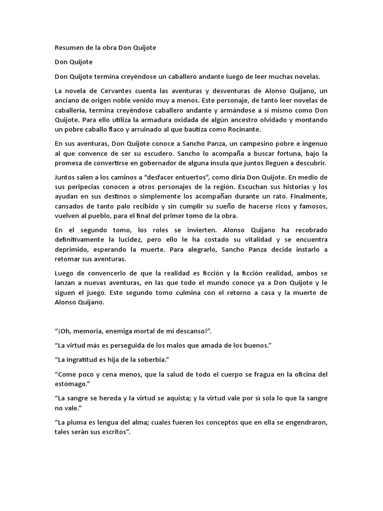 Resumen de La Obra Don Quijote | PDF