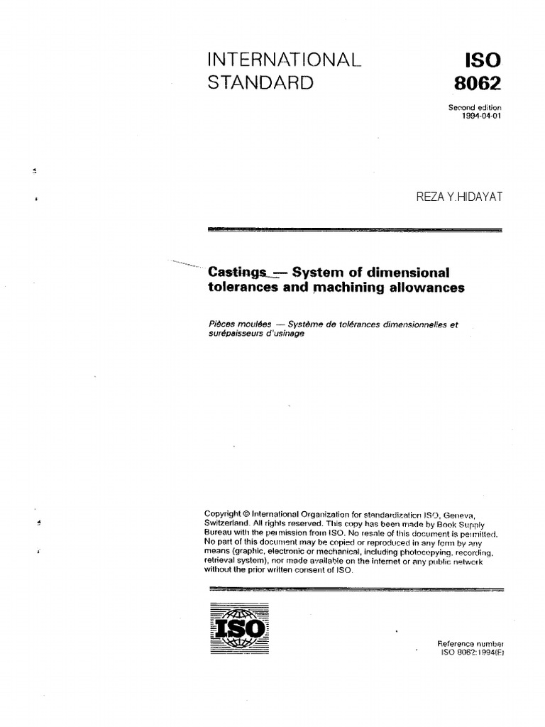 EN ISO 8062 Castings System Ofdimensions Tolerances Machining ...