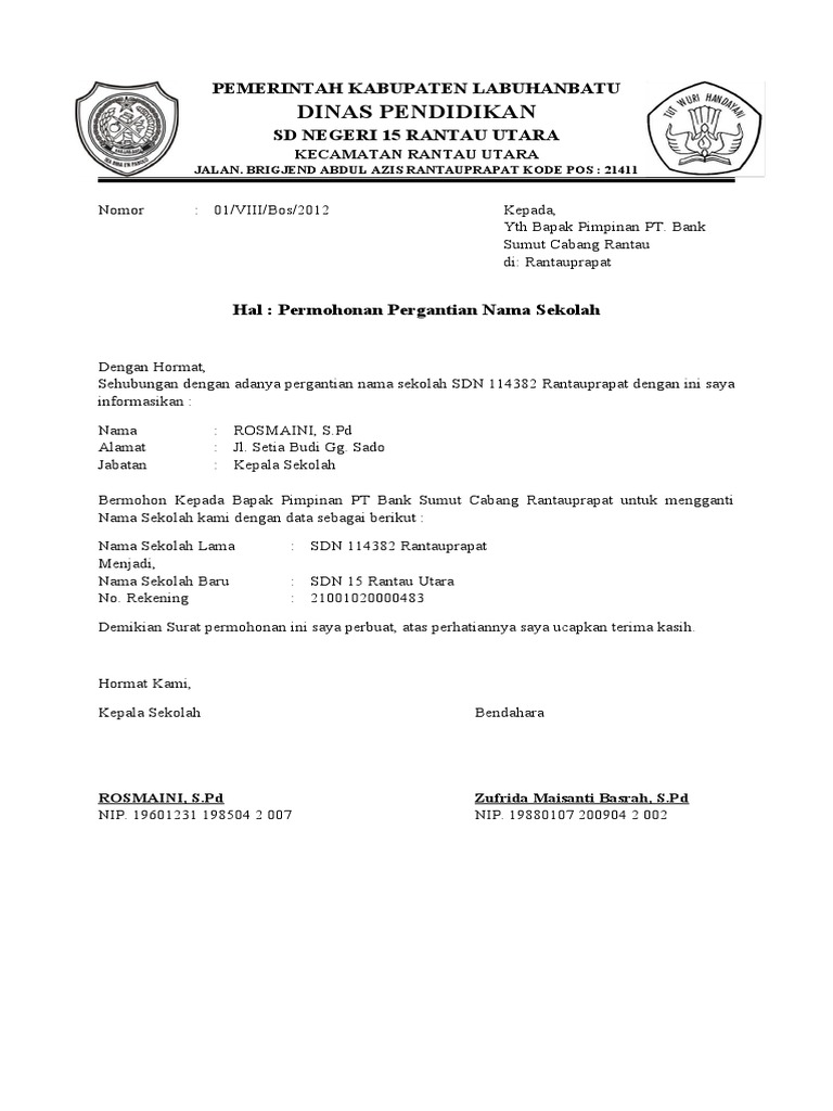 Surat Permohonan Pergantian Nama Sekolah | PDF