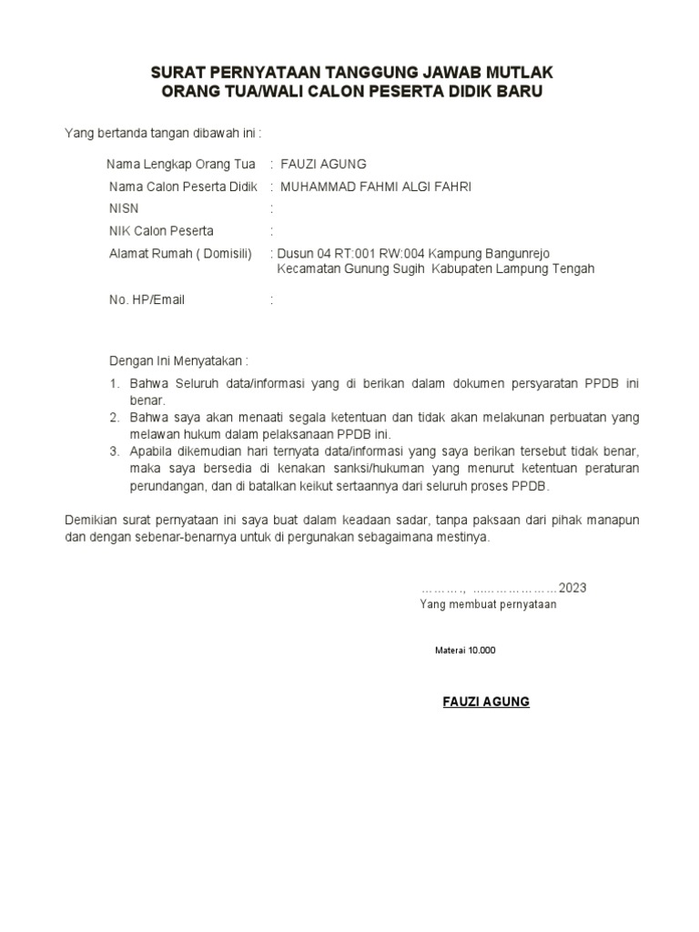 Surat Pernyataan Tanggung Jawab Mutlak Orang Tua | PDF Surat Pernyataan Tanggung Jawab Mutlak Orang Tua | PDF