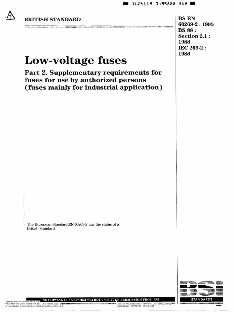 BS 88 Part 2 SEC 2.1-1988 | PDF | Fuse (Electrical) | Electrical ...