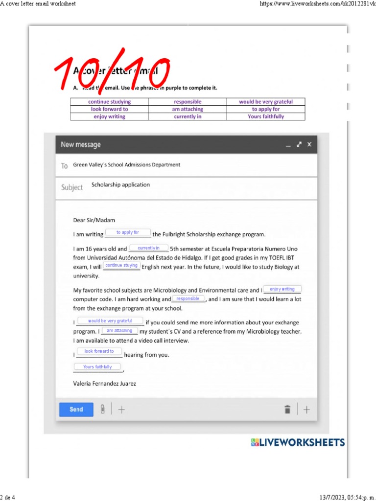 A Cover Letter Email Worksheet | PDF