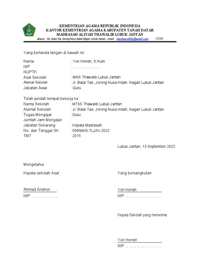 Contoh SK Mutasi Guru PNS dan Yayasan | PDF