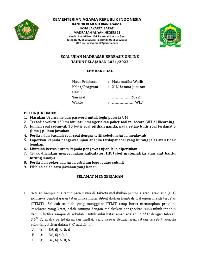 Soal UM Matematika Wajib 2022 | PDF