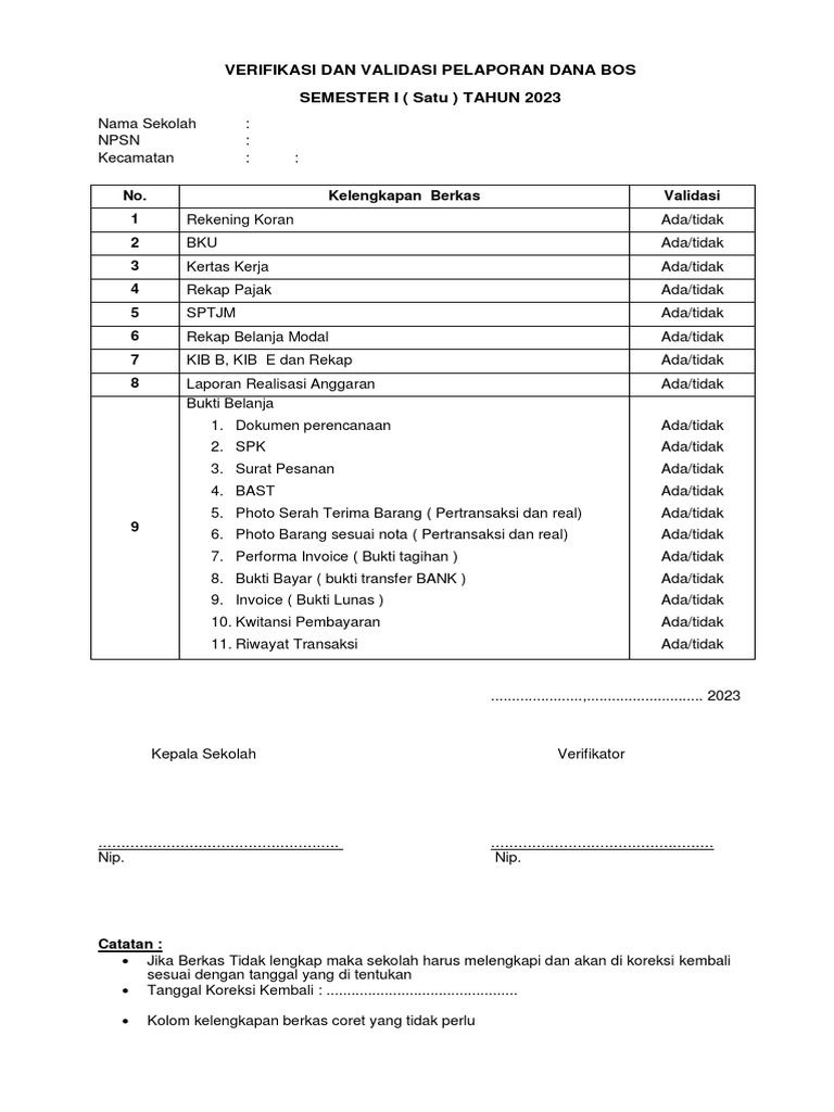 Form-Verifikasi-Pelaporan Dana Bos Semester 1 | PDF