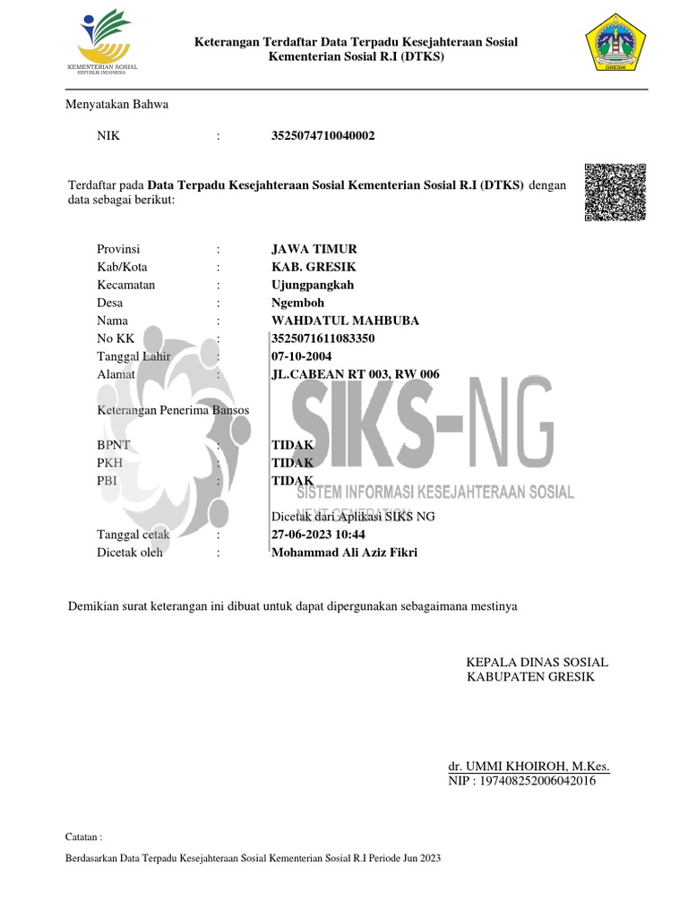 Keterangan DTKS | PDF