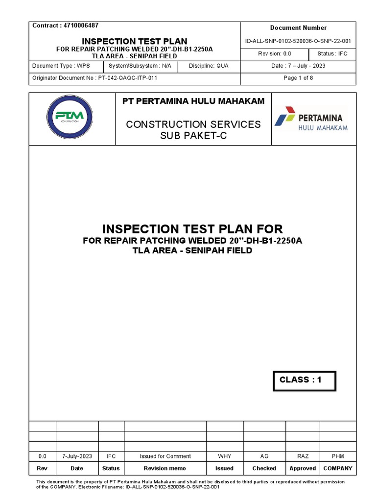ITP Repair Patching Welded 20-DH-B1-2250A TLA AREA - SENIPAH FIELD | PDF | Nondestructive ...