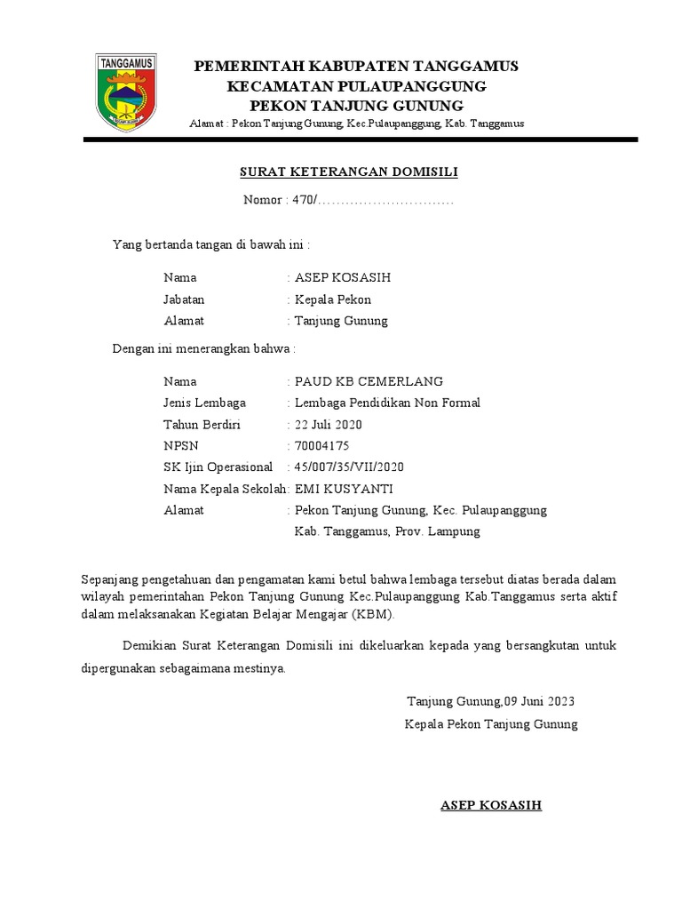 Surat Keterangan Domisili Dari Desa | PDF