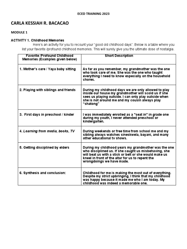 Childhood Memories and ECCE Insights | PDF | Early Childhood Education ...
