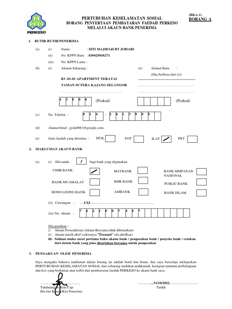 Borang Penyertaan Pembayaran PERKESO | PDF