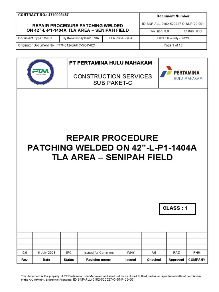 Repair Procedure Patching Welded 42-L-P1-1404A TLA AREA - SENIPAH FIELD | Download Free PDF ...