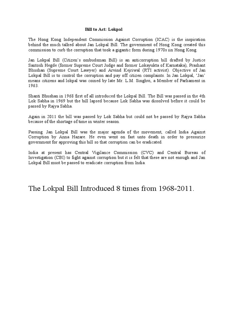 Overview of the Jan Lokpal Bill | PDF | Corruption | Politics Of Asia