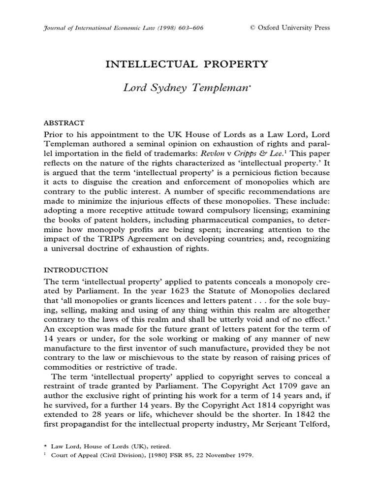 Templeman - Intellectual Property | PDF | Patent | Intellectual Property