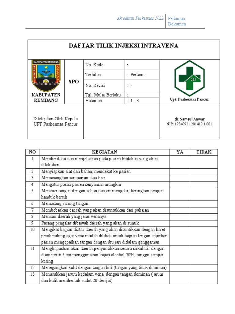 Daftar Tilik Injeksi Intravena | PDF