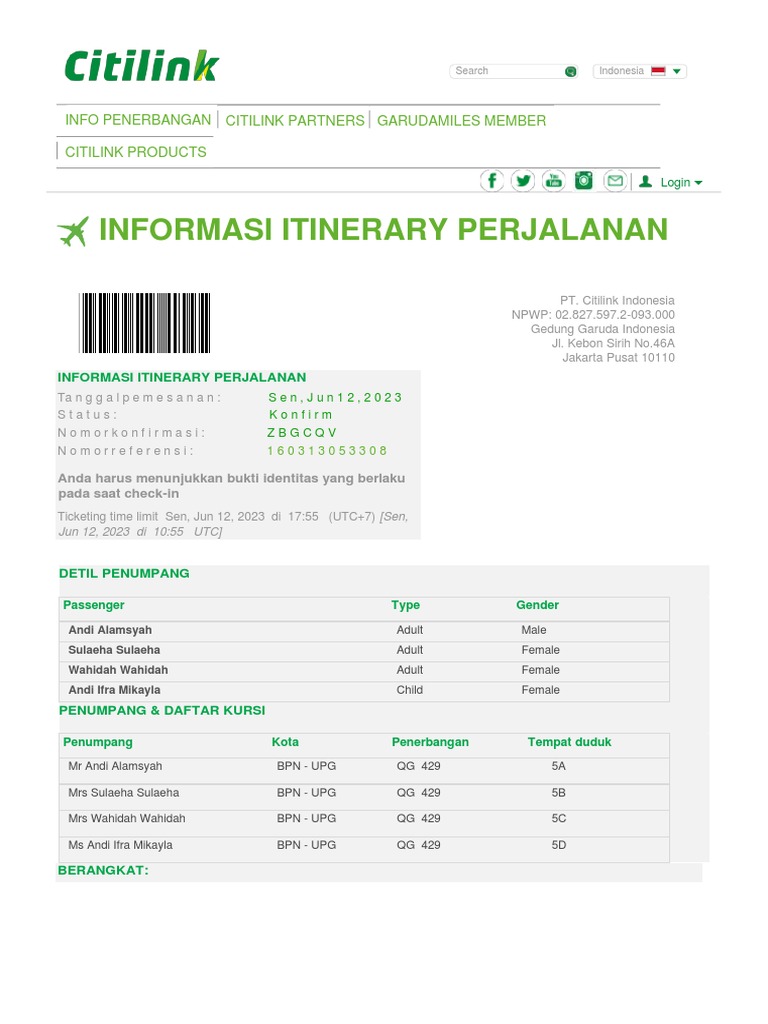 Itinerary Penerbangan Citilink QG 429 | PDF