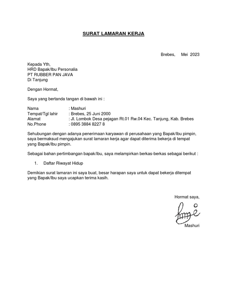 Surat Lamaran Kerja PT RUBBER PAN JAVA | PDF