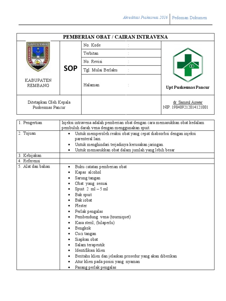 Sop Pemberian Obat Intravena | PDF