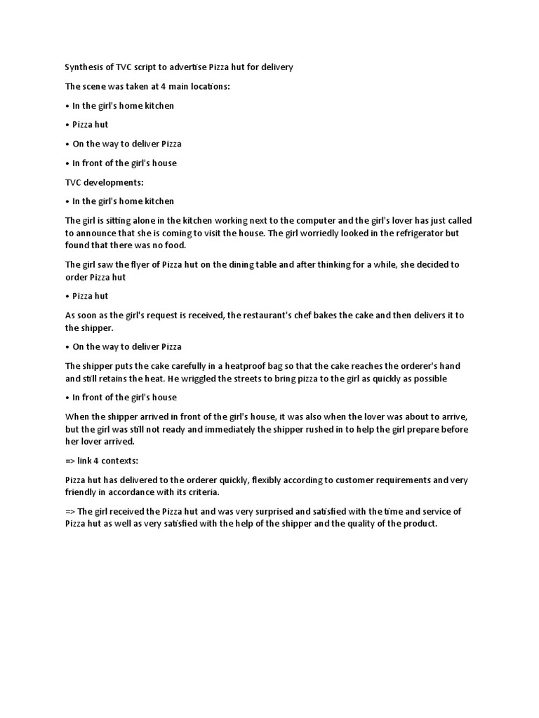 Synthesis of TVC Script to Advertise Pizza Hut for Delivery | PDF