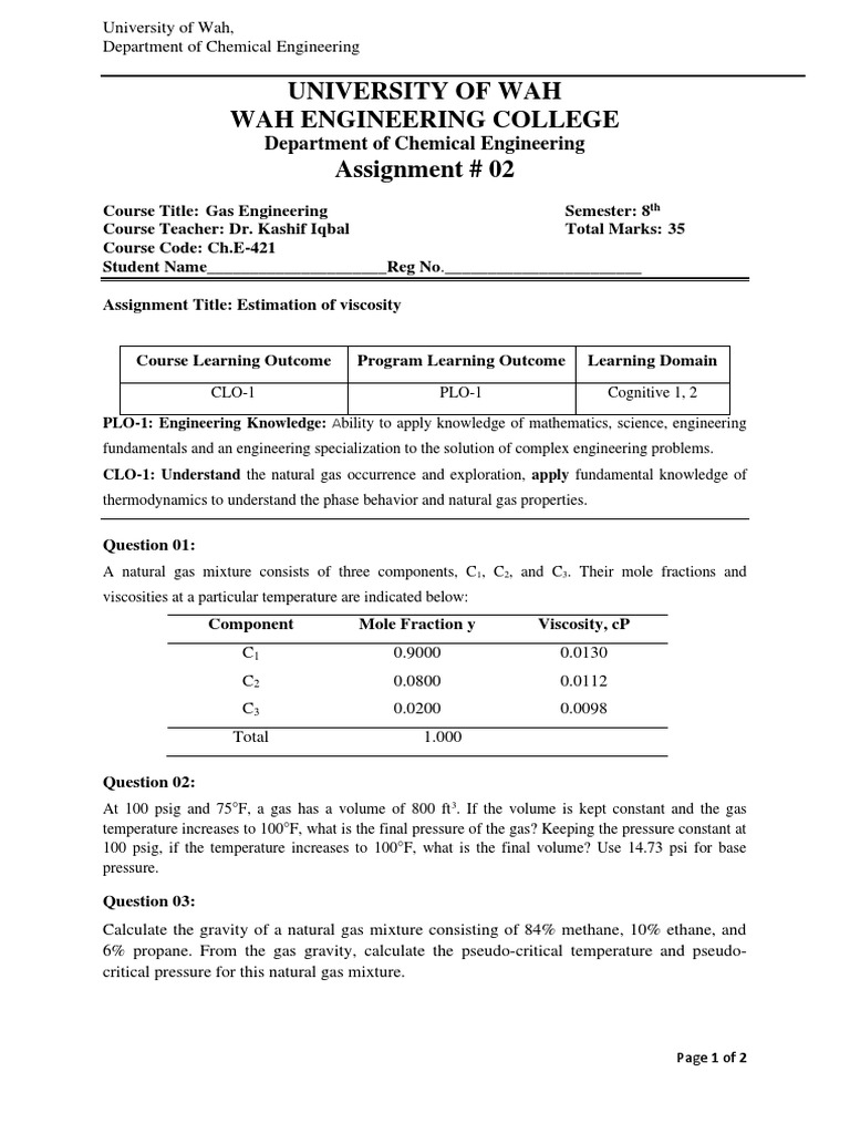 Assignment 2 | PDF | Gases | Natural Gas