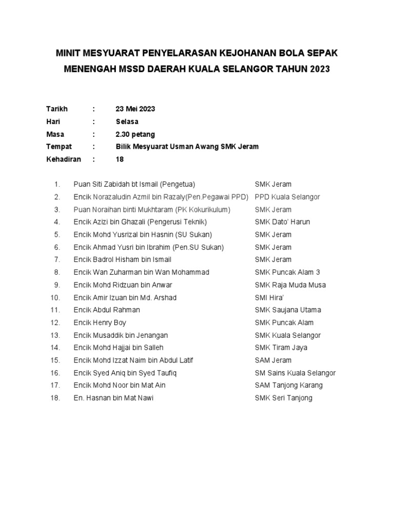 MINIT MESYUARAT PENYELARASAN BOLA SEPAK MENENGAH MSSD 2023 | PDF