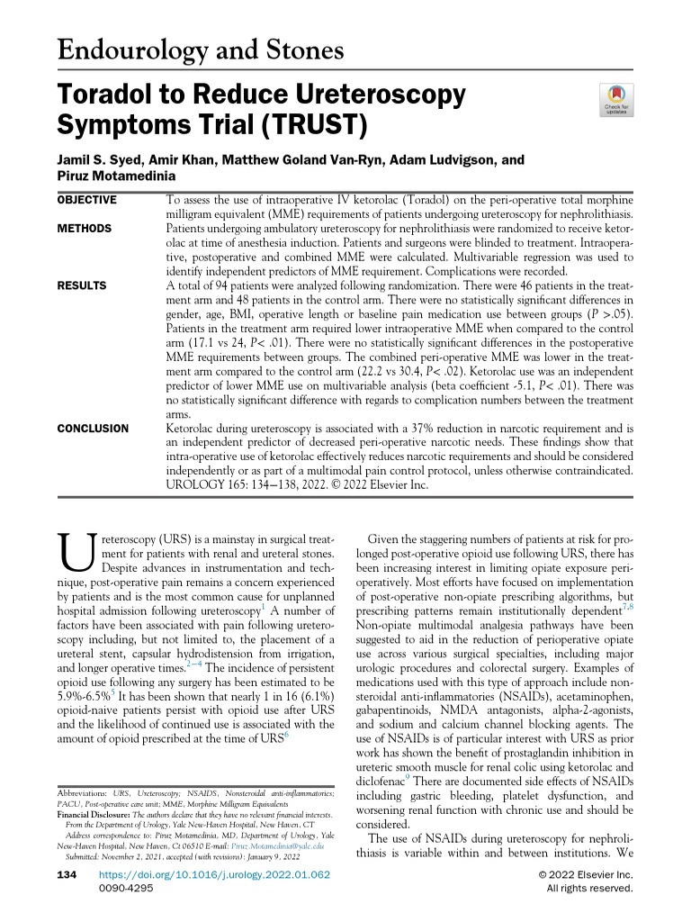 Toradol To Reduce Ureteroscopy Symptoms Trial (TRUST) | PDF | Surgery ...