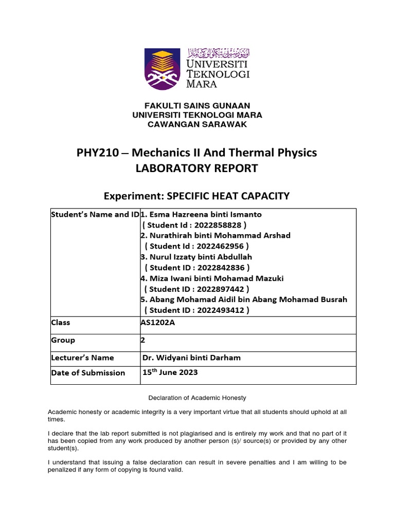 Phy210 Specific Heat Capacity Lab Report 1 | PDF | Heat | Heat Capacity