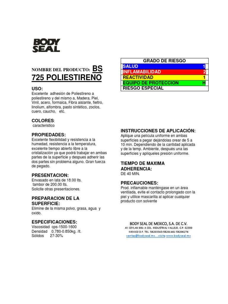 Adhesivo BS 725 | PDF | Poliestireno | Química