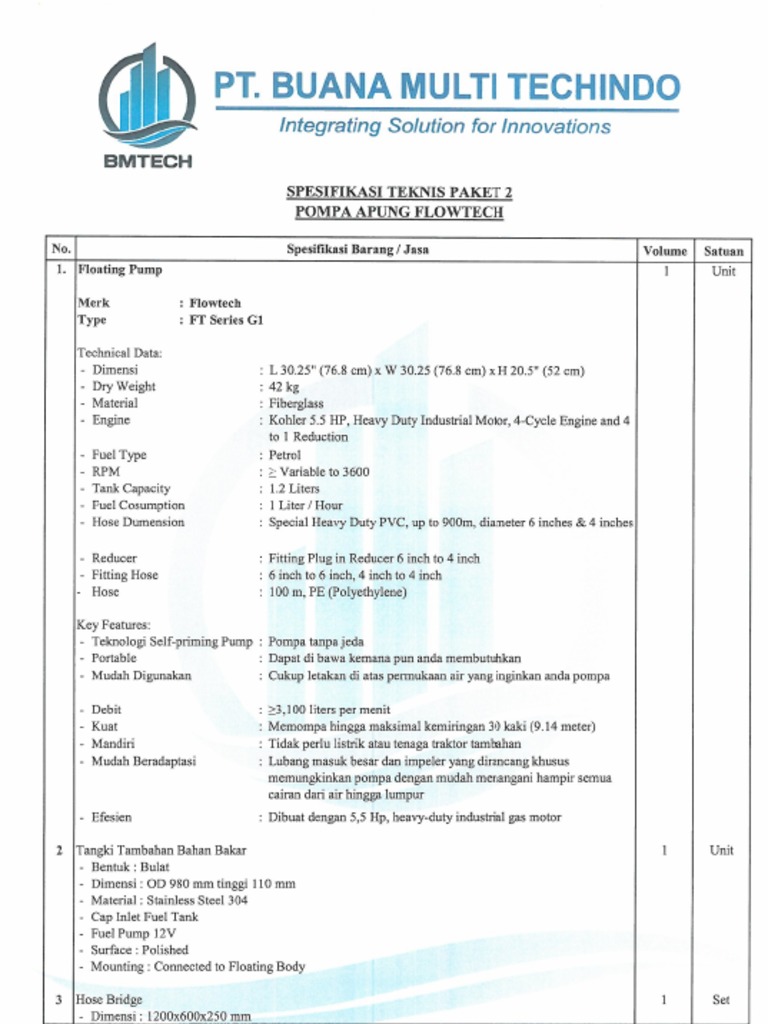 Spesifikasi Teknis Paket 2 Pompa Apung Flowtech | PDF