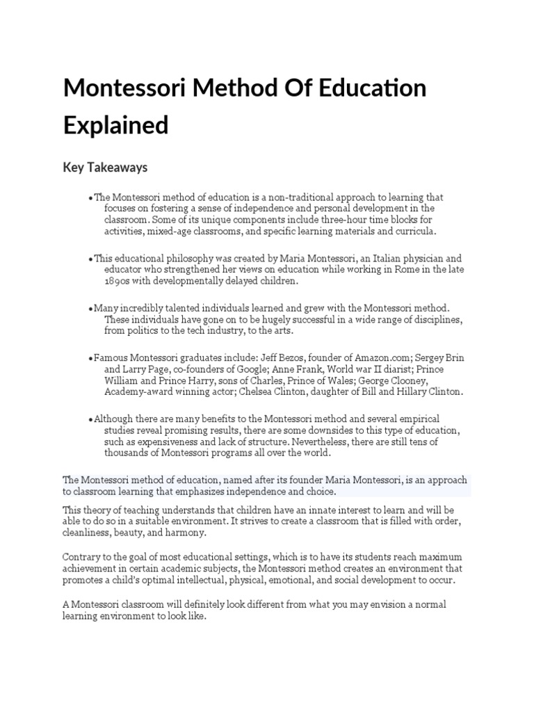 Montessori Method of Education Explained | PDF | Montessori Education ...