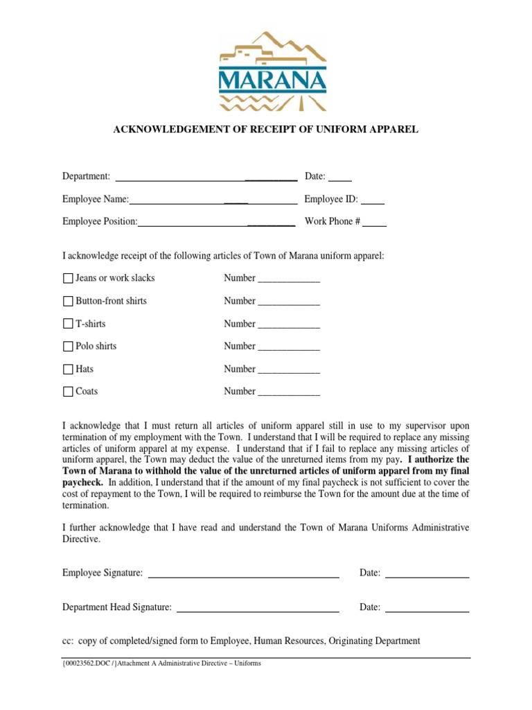 Uniform Apparel Receipt Acknowledgement | PDF | Finance & Money Management