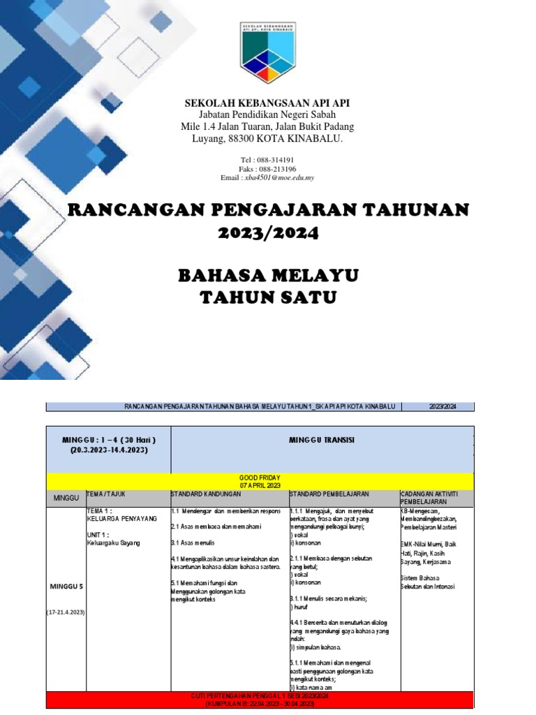 RPT Bahasa Melayu Tahun 1 SK API API 2023 2024 | PDF | Seni & Disiplin ...