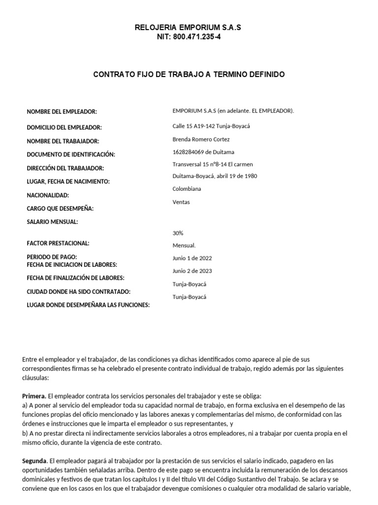 Contrato de Vendedor 1 | PDF | Salario | Derecho laboral
