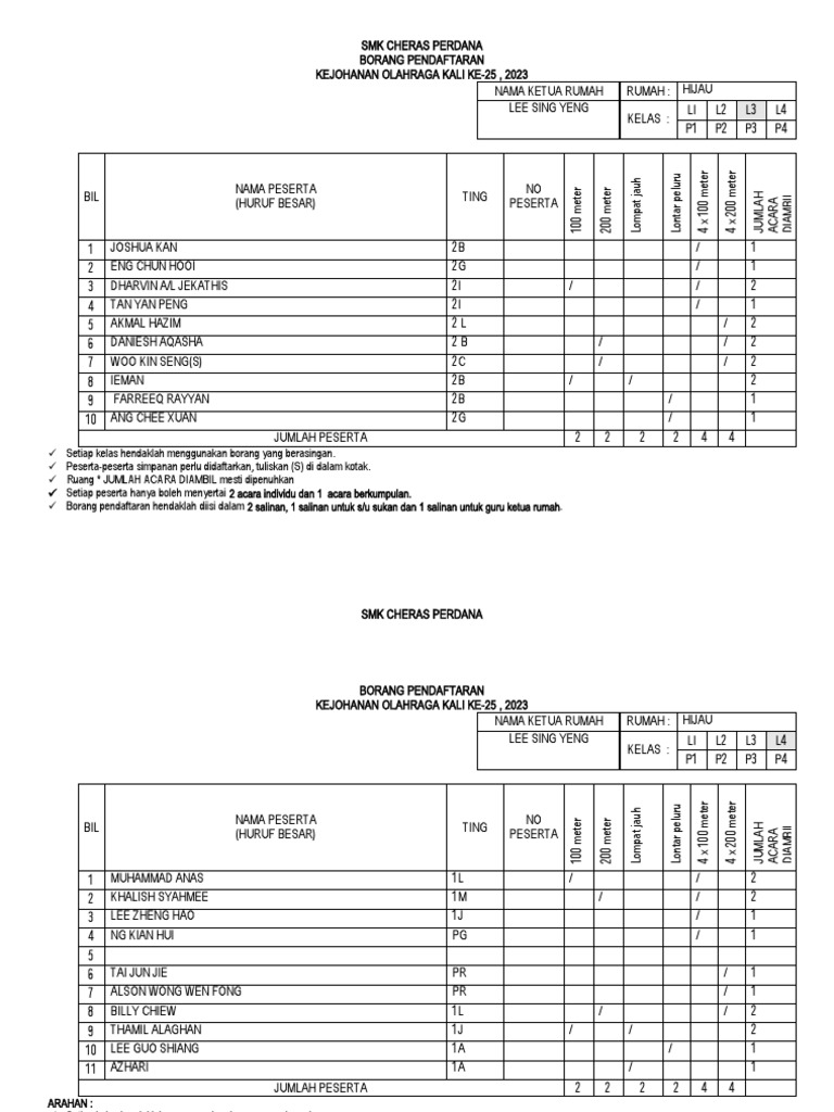 Borang Daftar Acara Olahraga 2023 | PDF