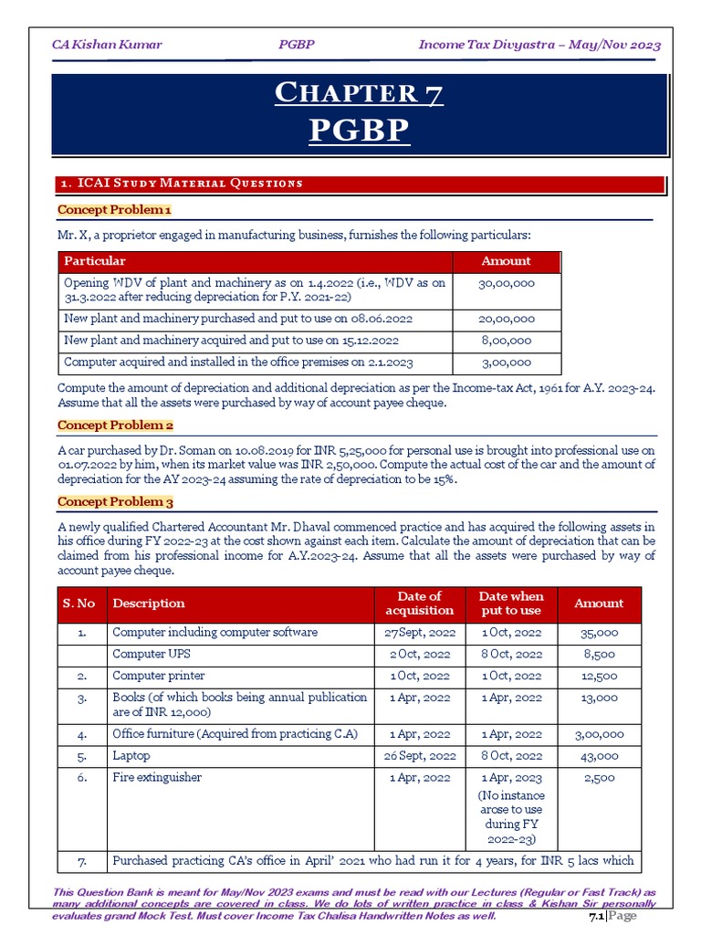 PGBP Income Tax Question Bank 2023 | PDF | Expense | Depreciation