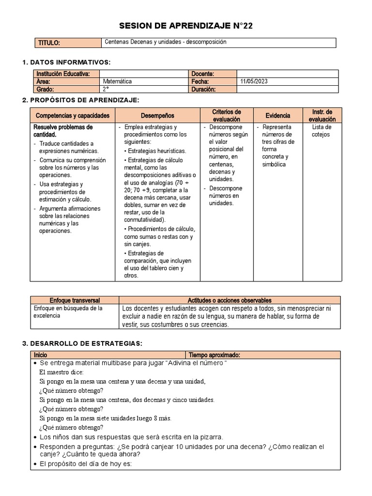 Sesion de Aprendizaje N Centenas Decena y Unidades Desconposicion | PDF | Evaluación | Aprendizaje