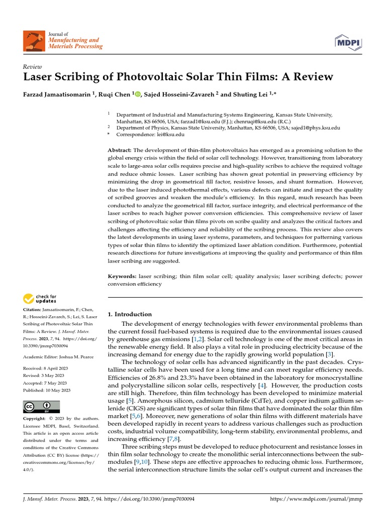 2023 - MDPI - Laser Scribing of Photovoltaic Solar Thin Films - A ...