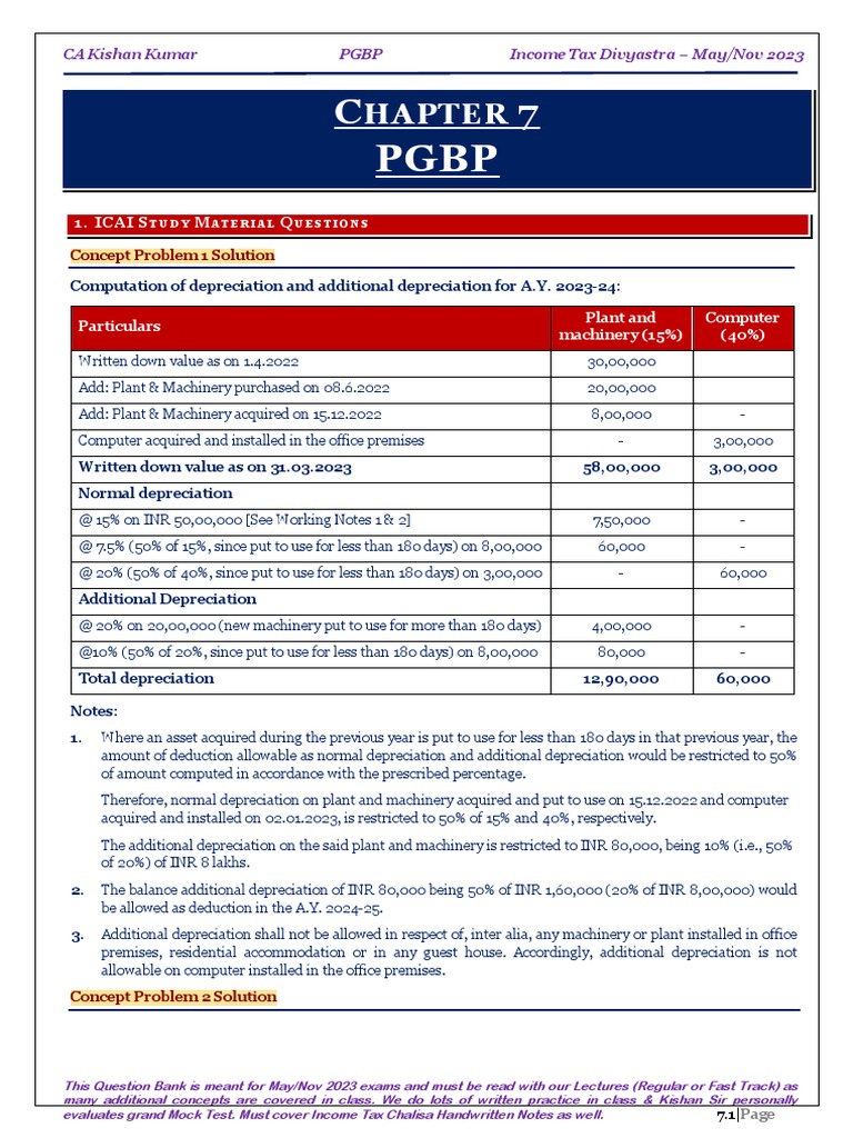 Solutions - Income Tax Divyastra CH 7 - PGBP | PDF | Depreciation | Tax ...