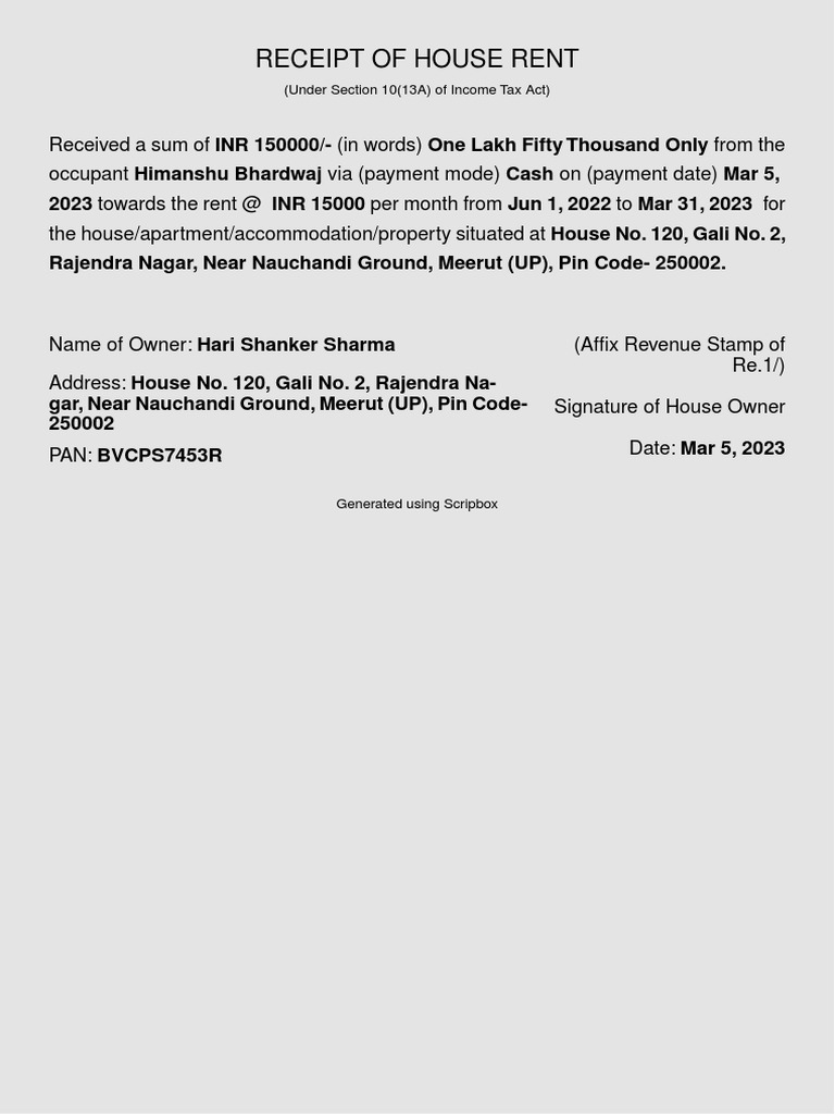Receipt of House Rent: 2023 Towards The Rent at INR 15000 Per Month ...