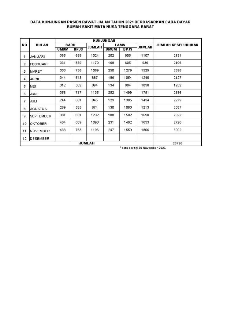 Data Kunjungan Pasien Rawat Jalan Berdasarkan Cara Bayar Per November 2021 | PDF