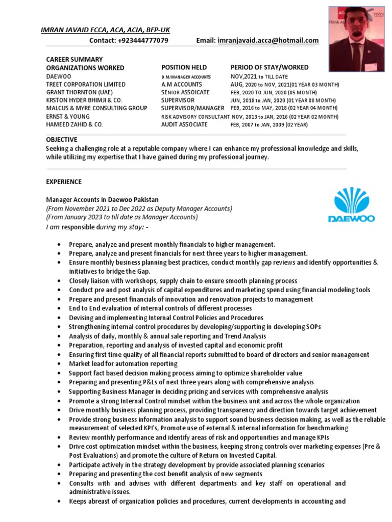 Imr. Javaid - FCCA ACA ACIA CV | PDF | Audit | Internal Control