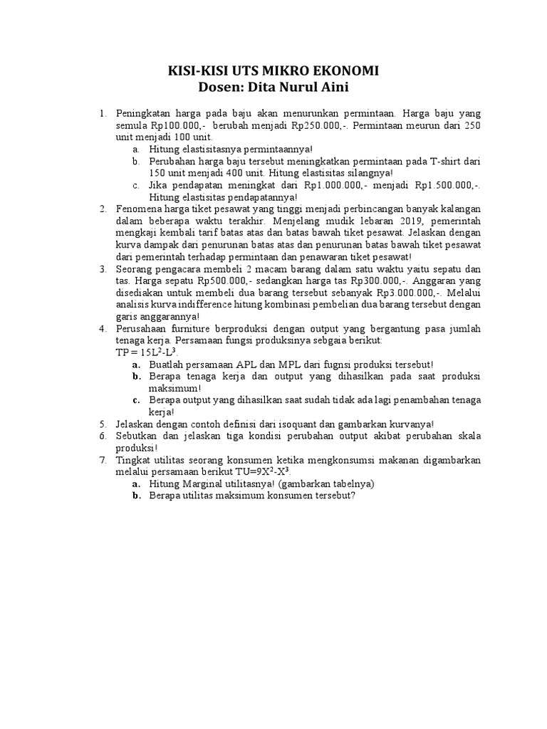 Kisi-Kisi Uts Mikro Ekonomi 2023 | PDF