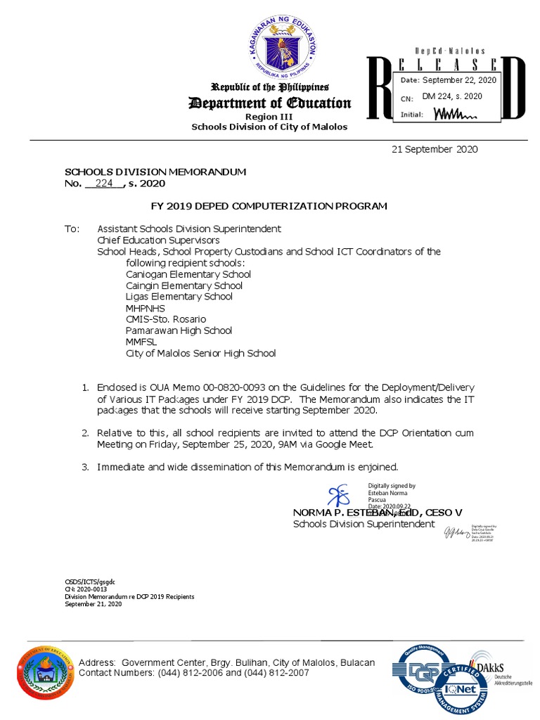 DM 224 S 2020 - FY 2019 DepEd Computerization Program | Download Free ...