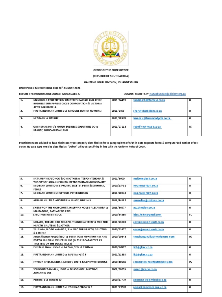 26 August 2021 Unopposed Motion Roll Mogagabe Aj | PDF | South Africa ...