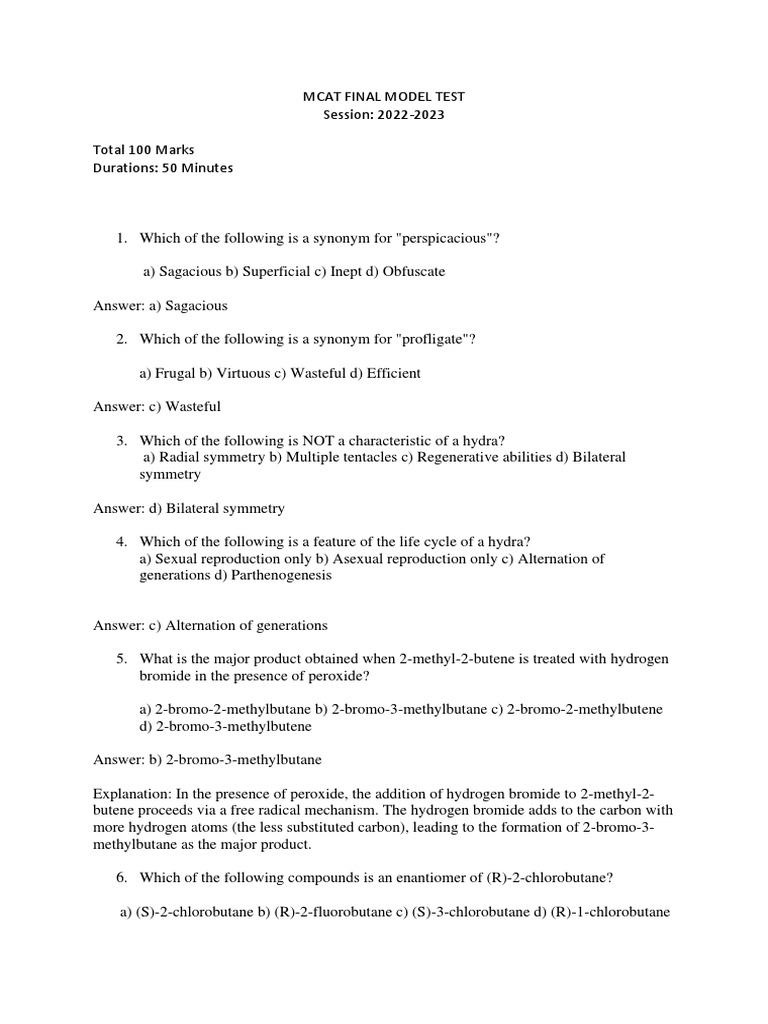 Mcat Final Model Test Question | PDF | Chemical Bond | Adverb