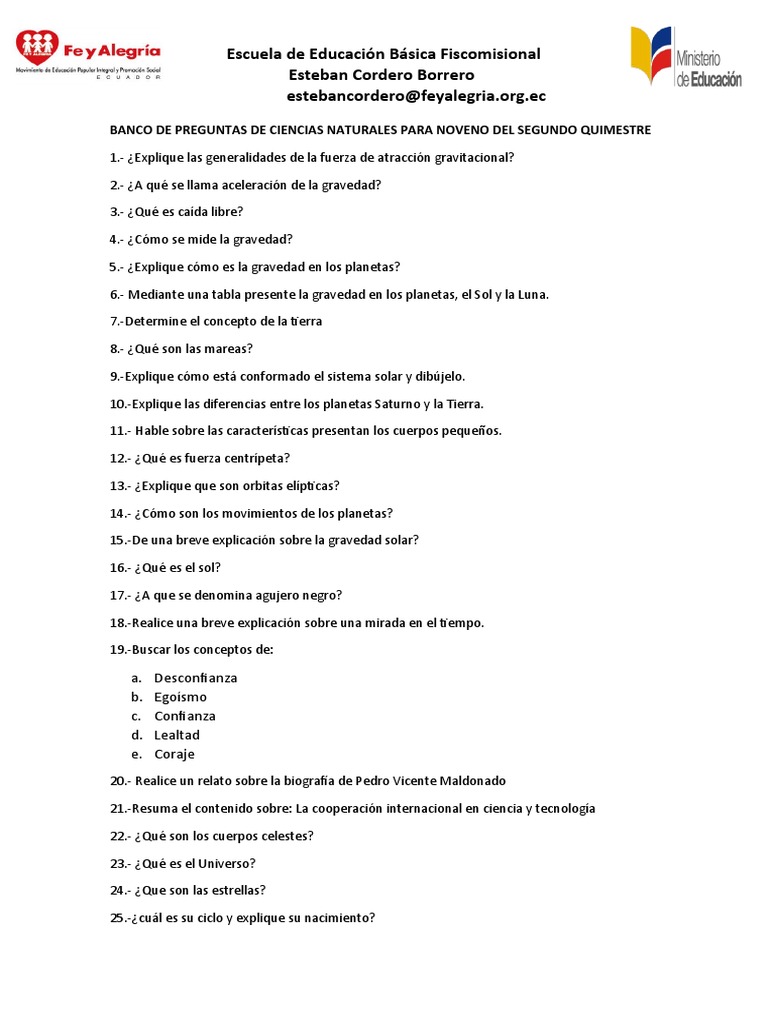 Banco de Preguntas de Ciencias Naturales para Noveno Del Segundo Quim | PDF | Libros para ...