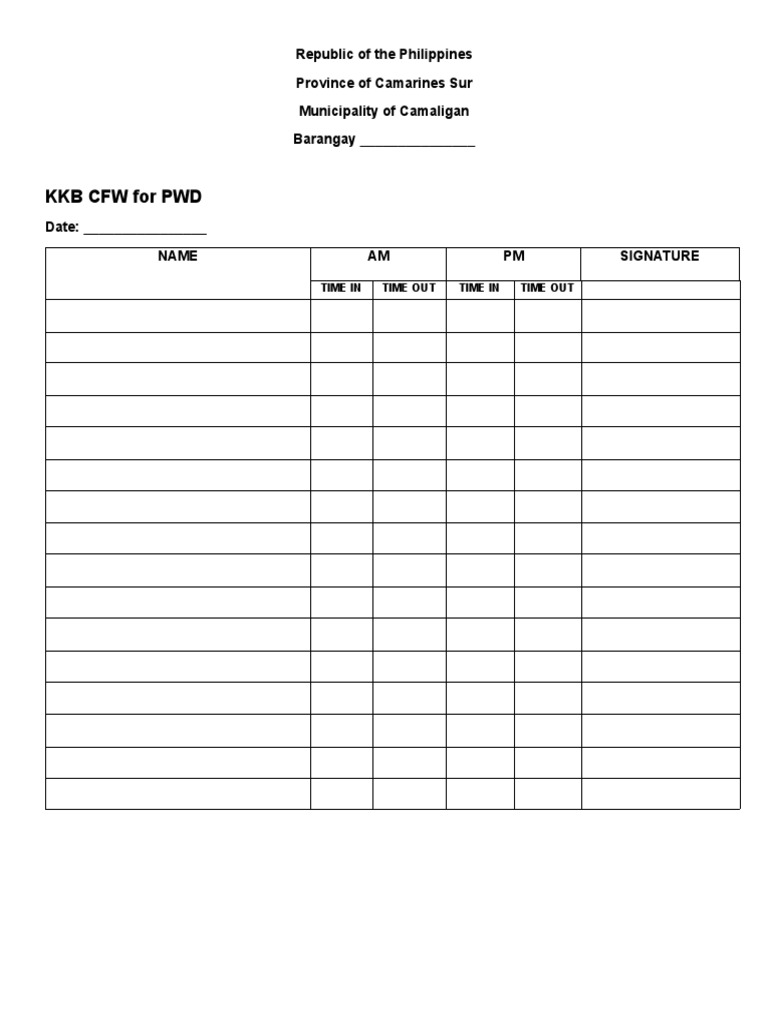 Attendance Sheet KKB CFW PWD | PDF